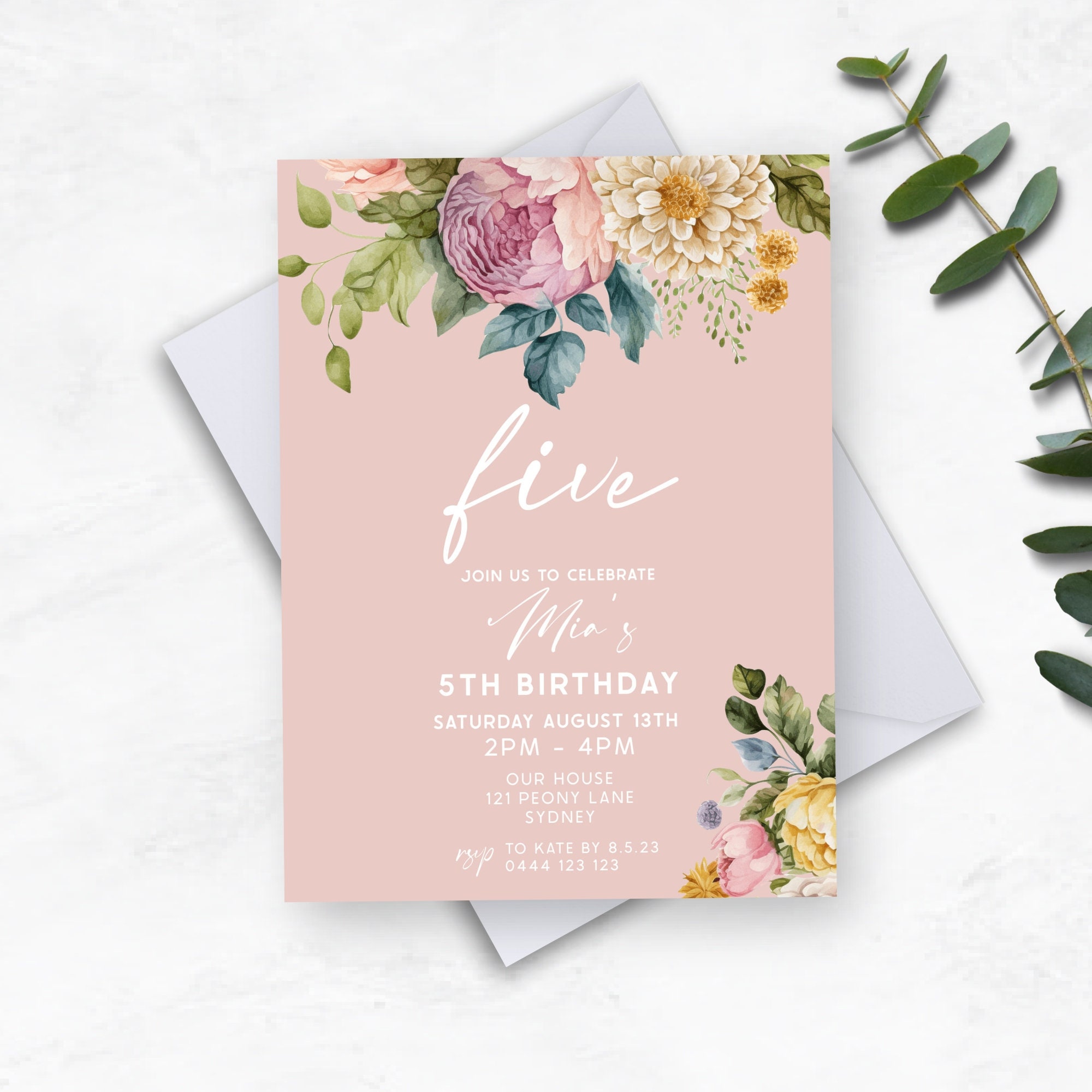 Pink Floral 5th Birthday Invitation | INSTANT DOWNLOAD | Girls Fifth ...