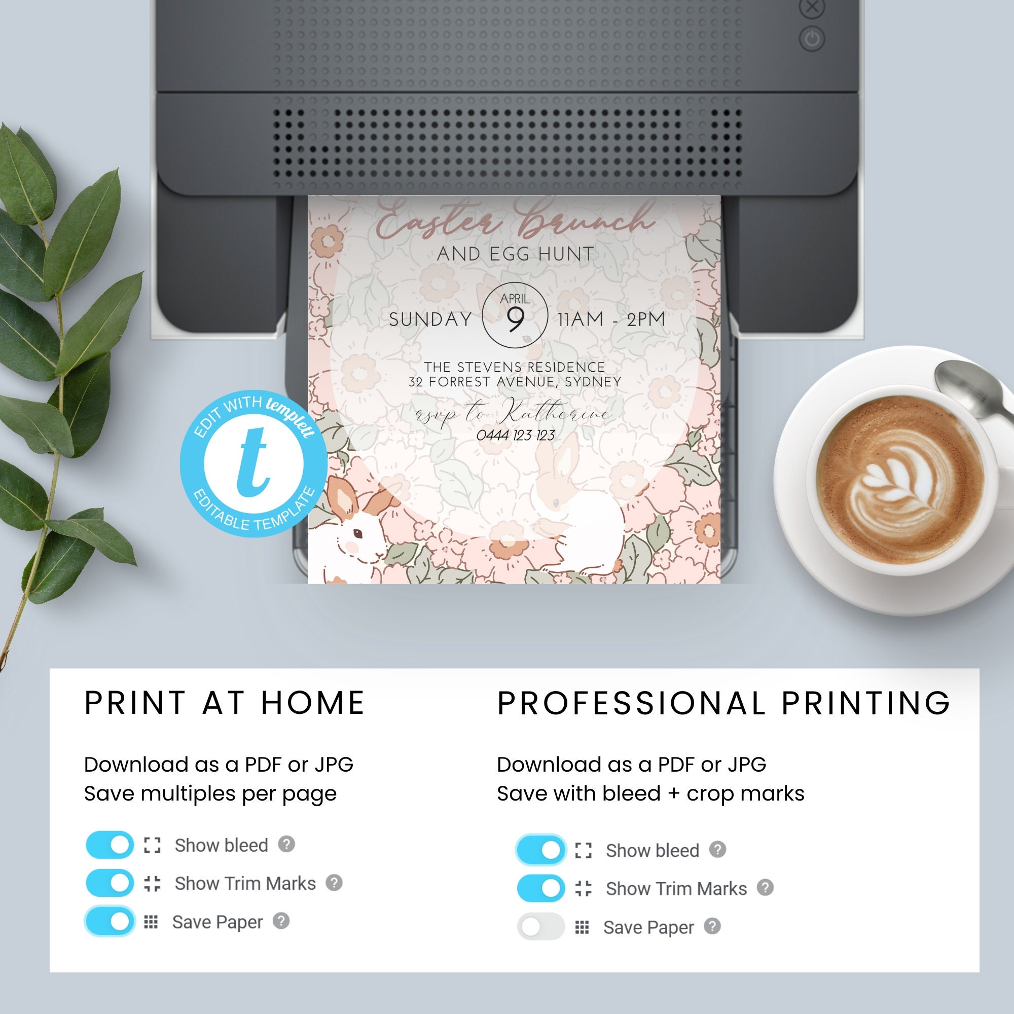 Easter Egg Hunt Invitation INSTANT DOWNLOAD Floral Easter Bunny Invite ...