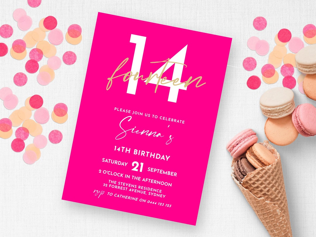 Hot Pink and Gold 14th Birthday Invitation | INSTANT DOWNLOAD | Bright ...