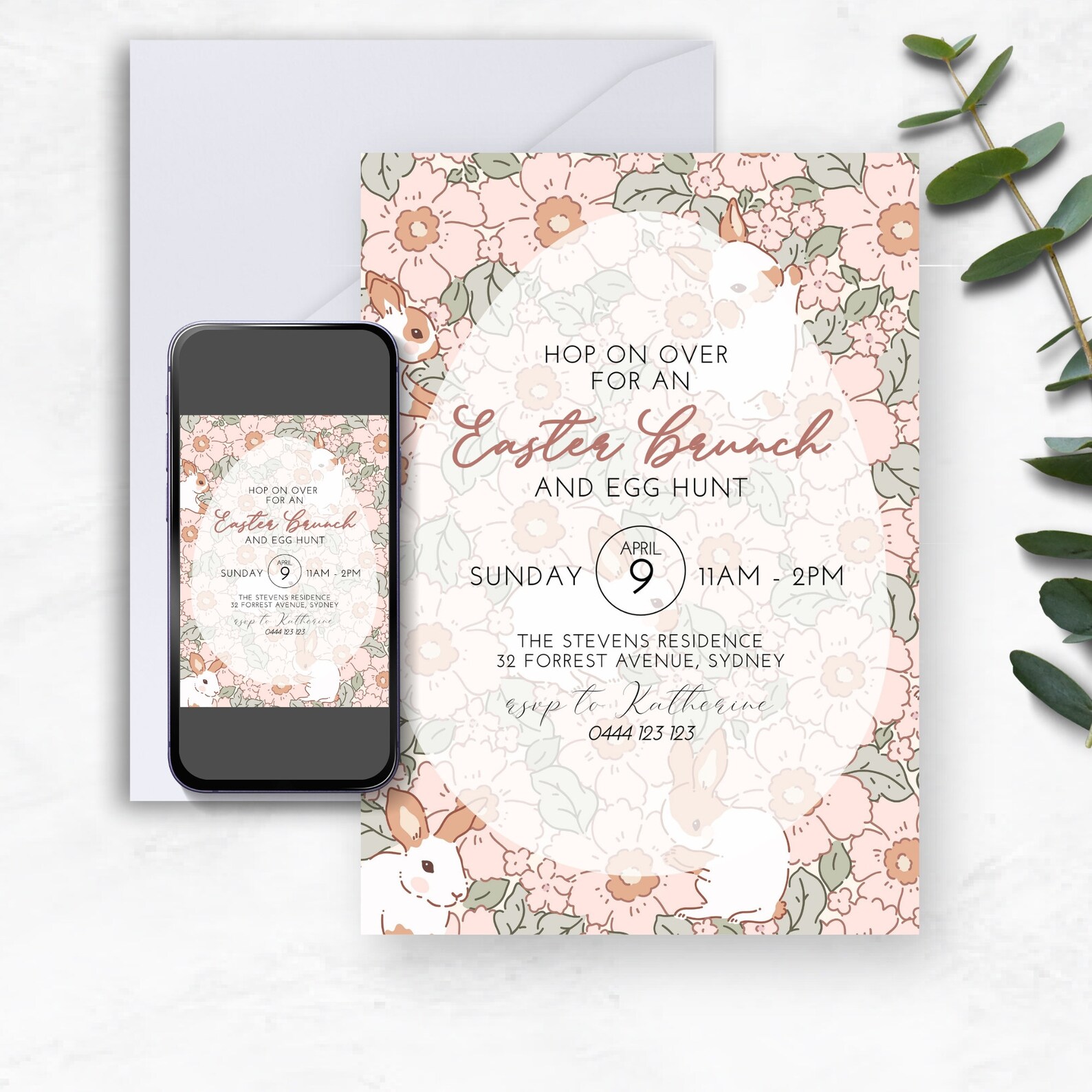 Easter Egg Hunt Invitation INSTANT DOWNLOAD Floral Easter Bunny Invite ...