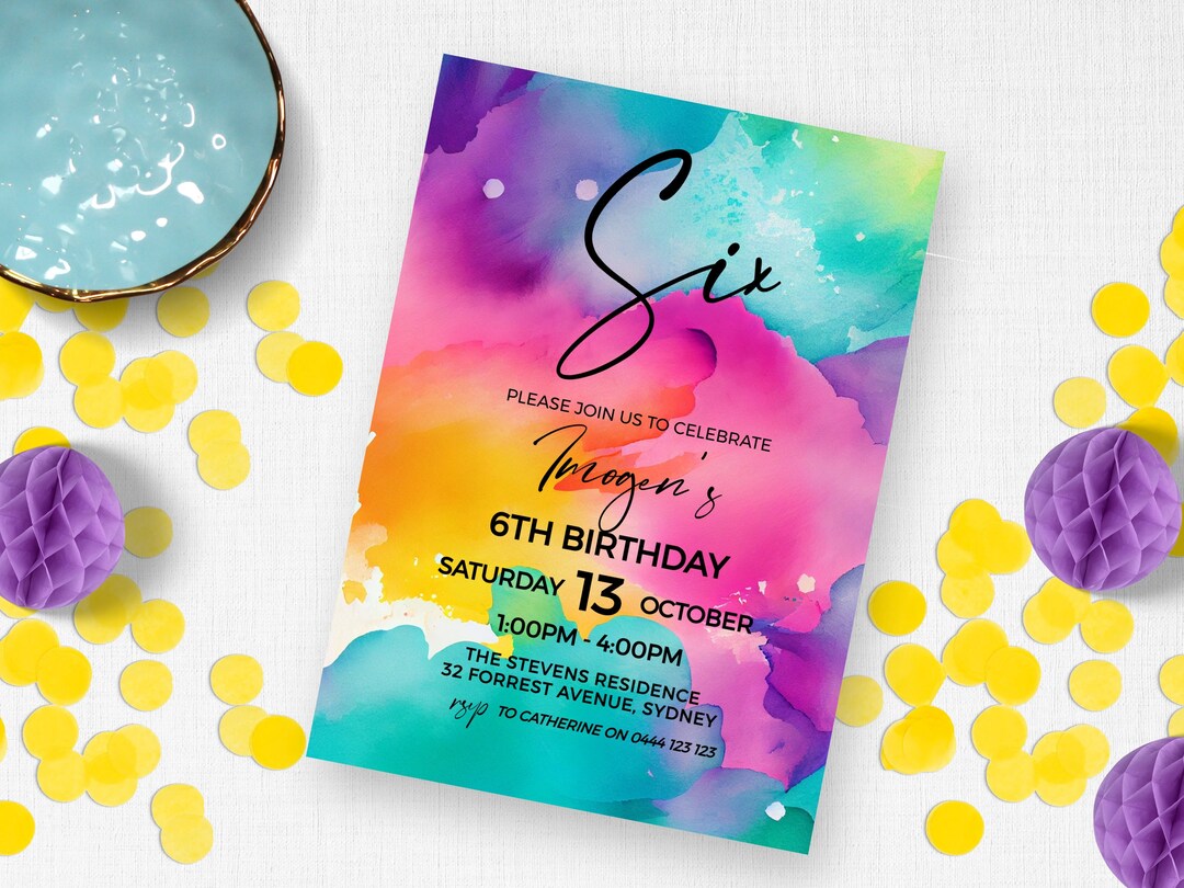 Tie Dye Rainbow 6th Birthday Invitation | INSTANT DOWNLOAD | Girls ...