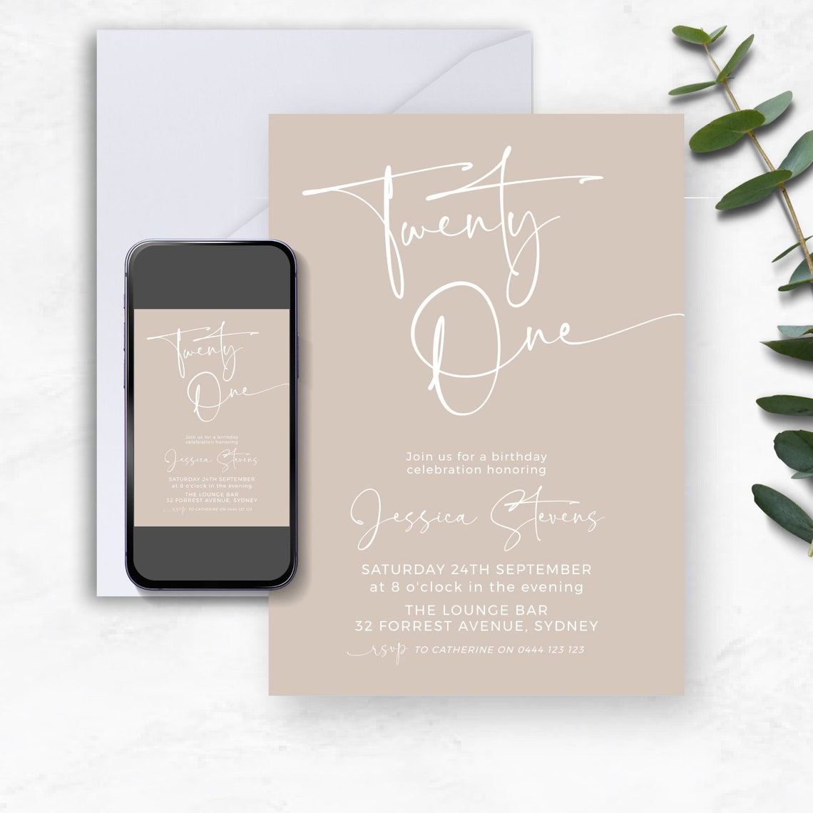 Neutral Tones 21st Birthday Invitation INSTANT DOWNLOAD Beige Minimal ...