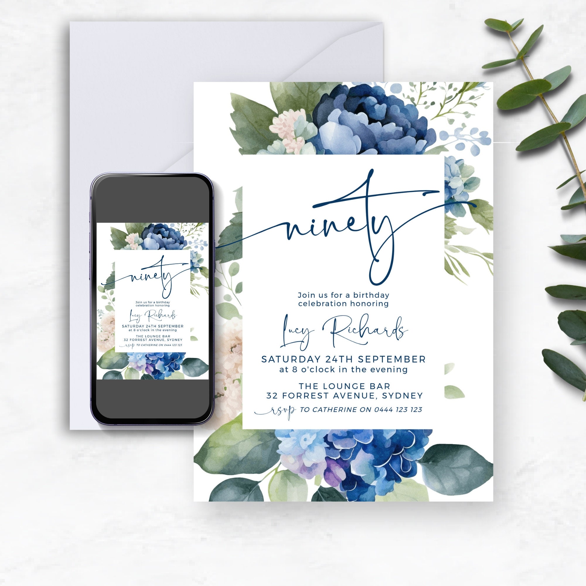 Blue Floral 90th Birthday Invitation INSTANT DOWNLOAD Hydrangea Party ...