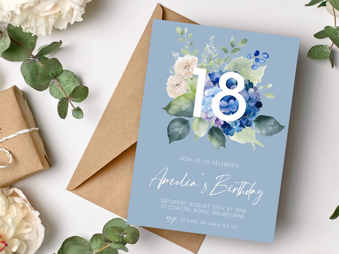 Blue Floral 18th Birthday Invitation | INSTANT DOWNLOAD | Hydrangea ...