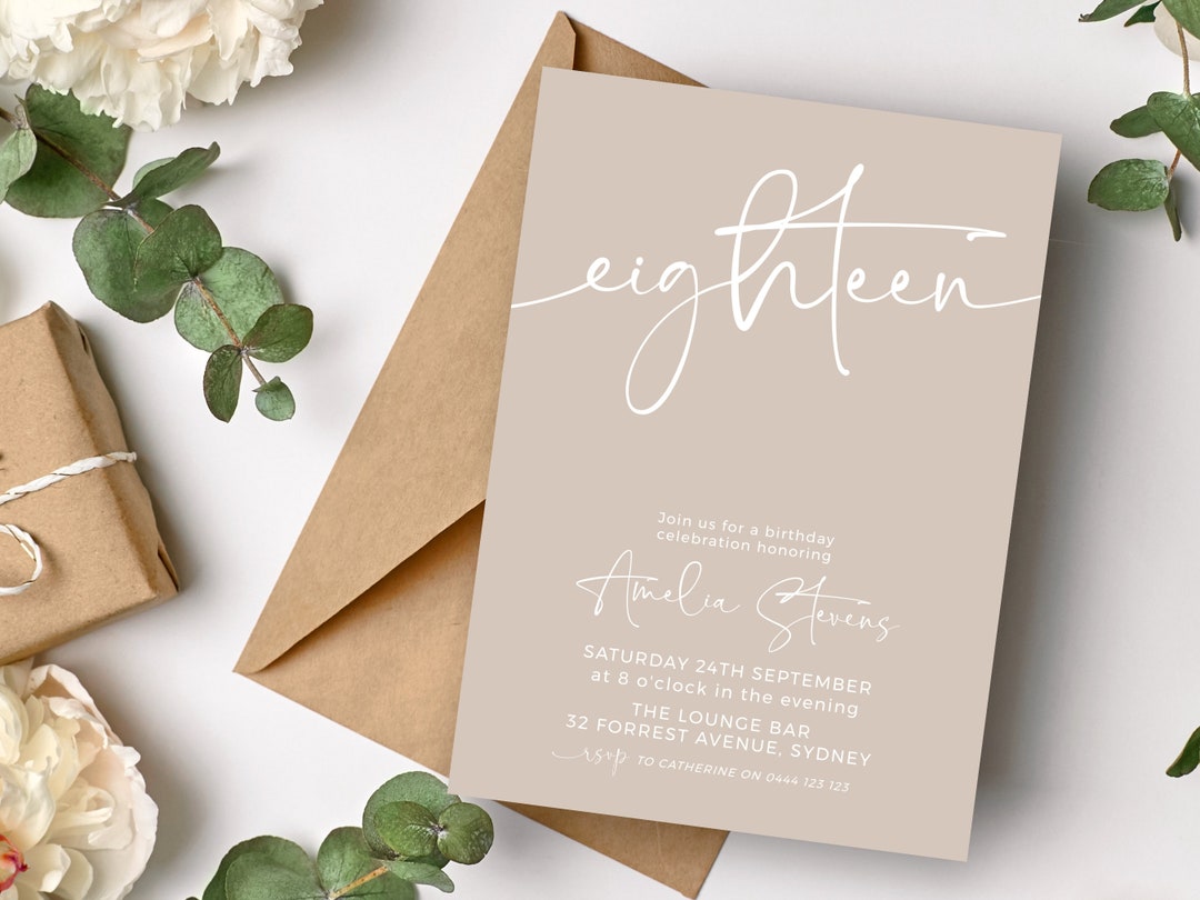 Neutral Tones 18th Birthday Invitation INSTANT DOWNLOAD Beige Minimal ...