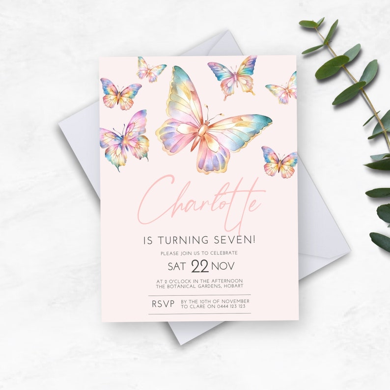 Butterfly 7th Birthday Invitation | DIGITAL DOWNLOAD | Girls Seventh ...