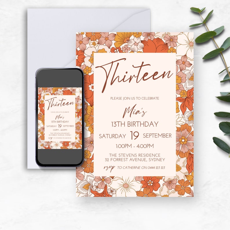 Retro Floral 13th Birthday Invitation | INSTANT DOWNLOAD | Thirteenth ...