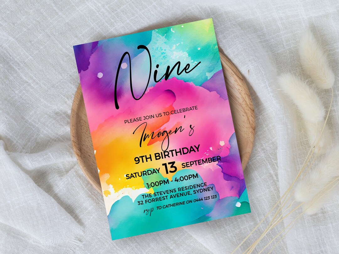 Tie Dye Rainbow 9th Birthday Invitation INSTANT DOWNLOAD Girls Ninth ...