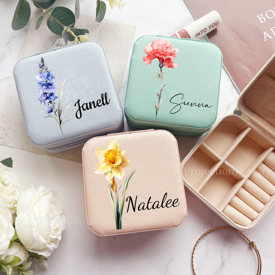 Engraved Birth Flower Jewellery Box, Travel Jewelry Box, Birthday Gift ...