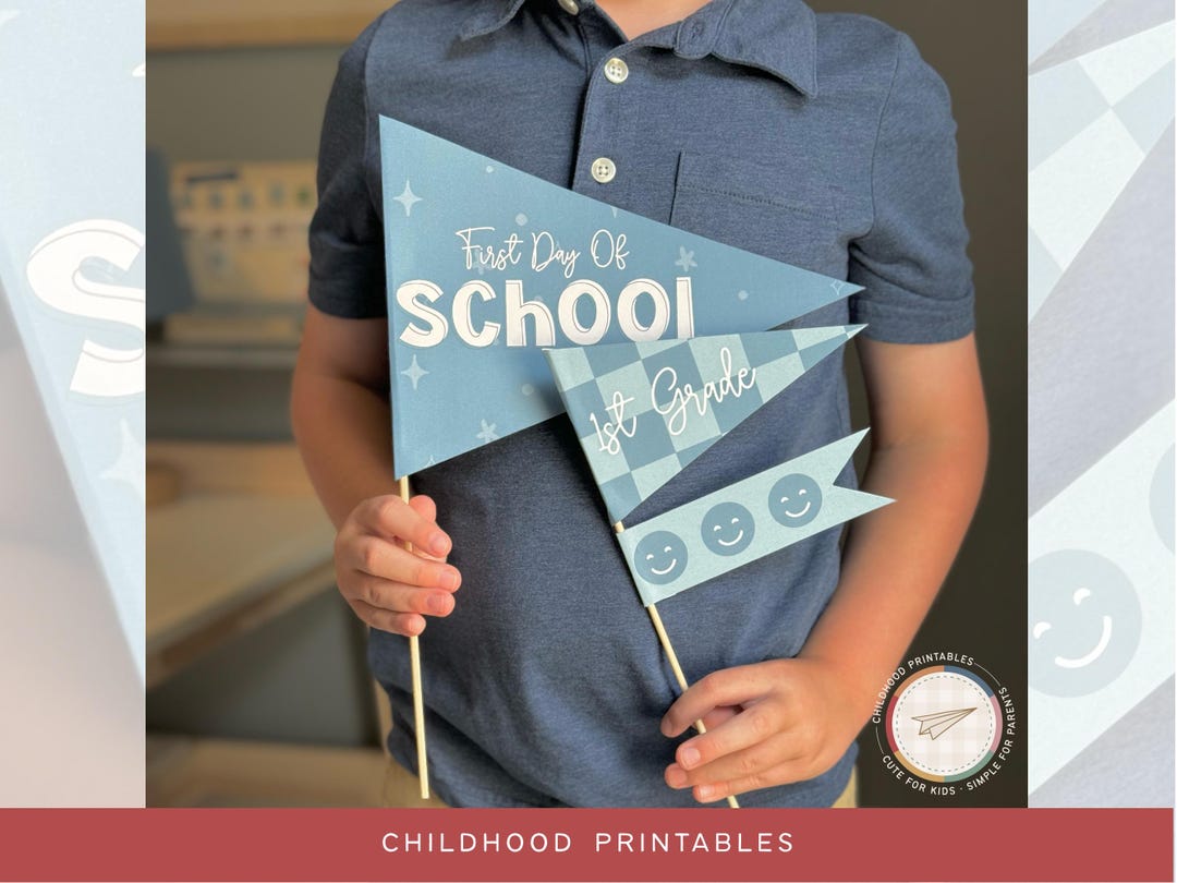 Back to School Retro Blue Pennant Set Printable, First Day of School ...