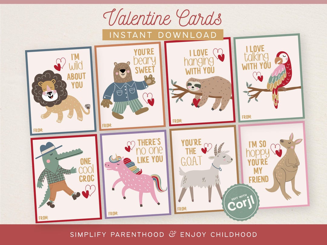 Printable Animal Valentine Cards for Kids, Instant Download, Fun Animal ...