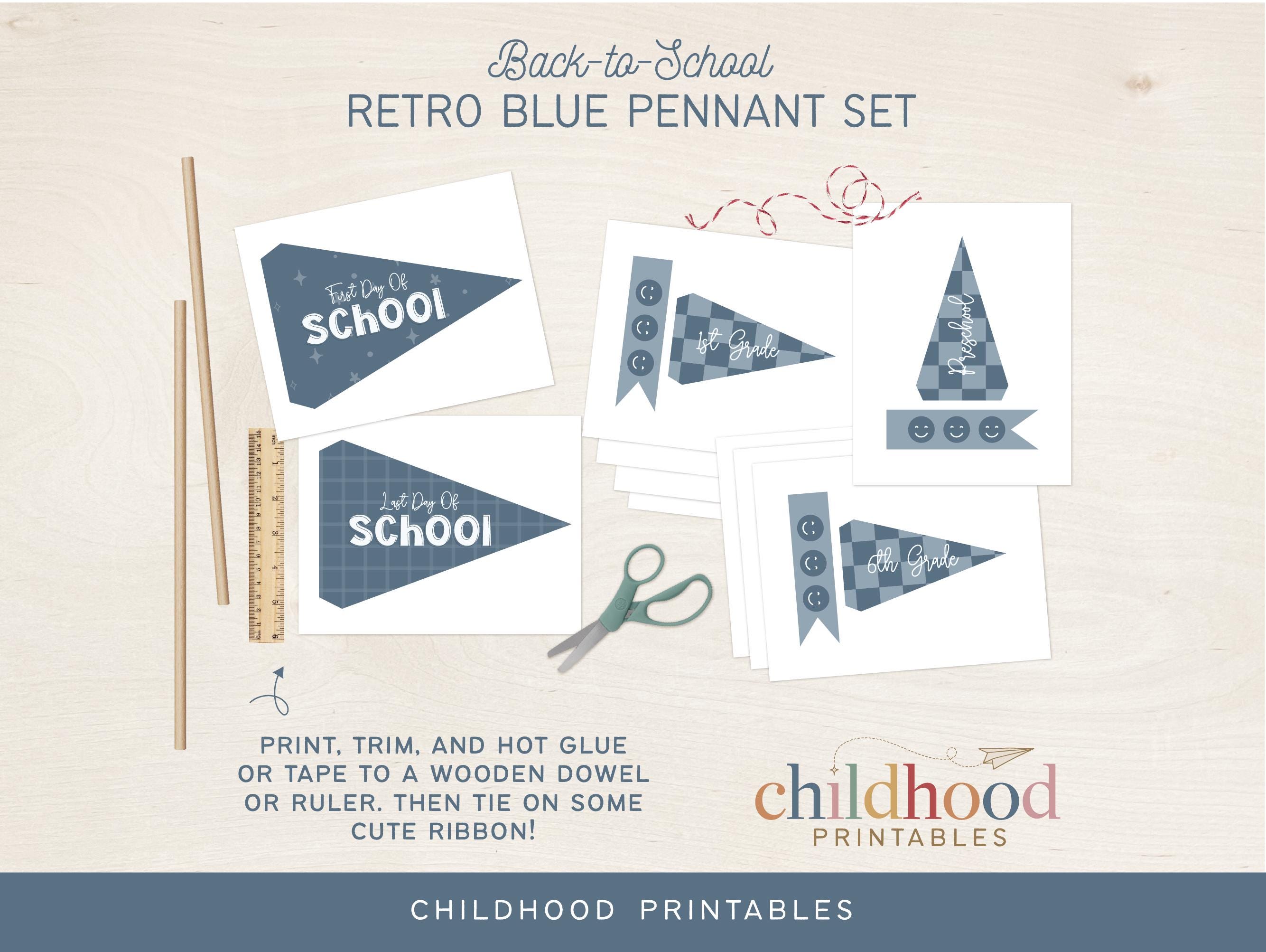 Back to School Retro Blue Pennant Set Printable, First Day of School ...