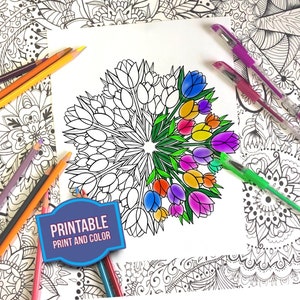 Print and Color - Spring Tulip Mandala - Spring Time Coloring - Flower ...