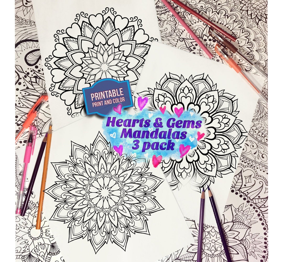 3 Sheet Bundle - Printable Coloring Pages - Hearts & Gems Mandala ...