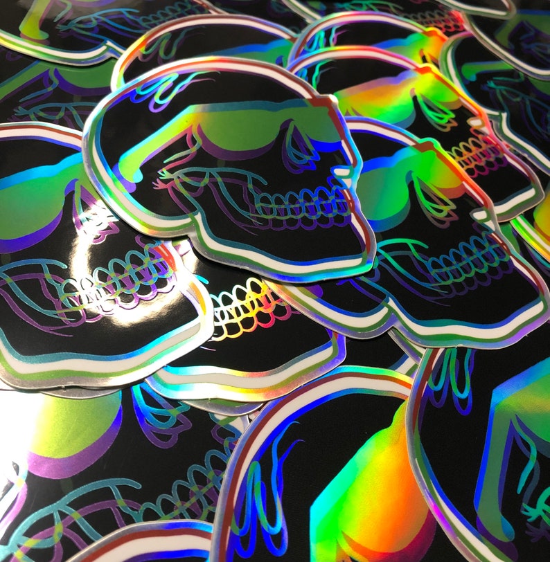 Holographic Skull Sticker - Death Comes Tripping - 3D Skull Sticker ...