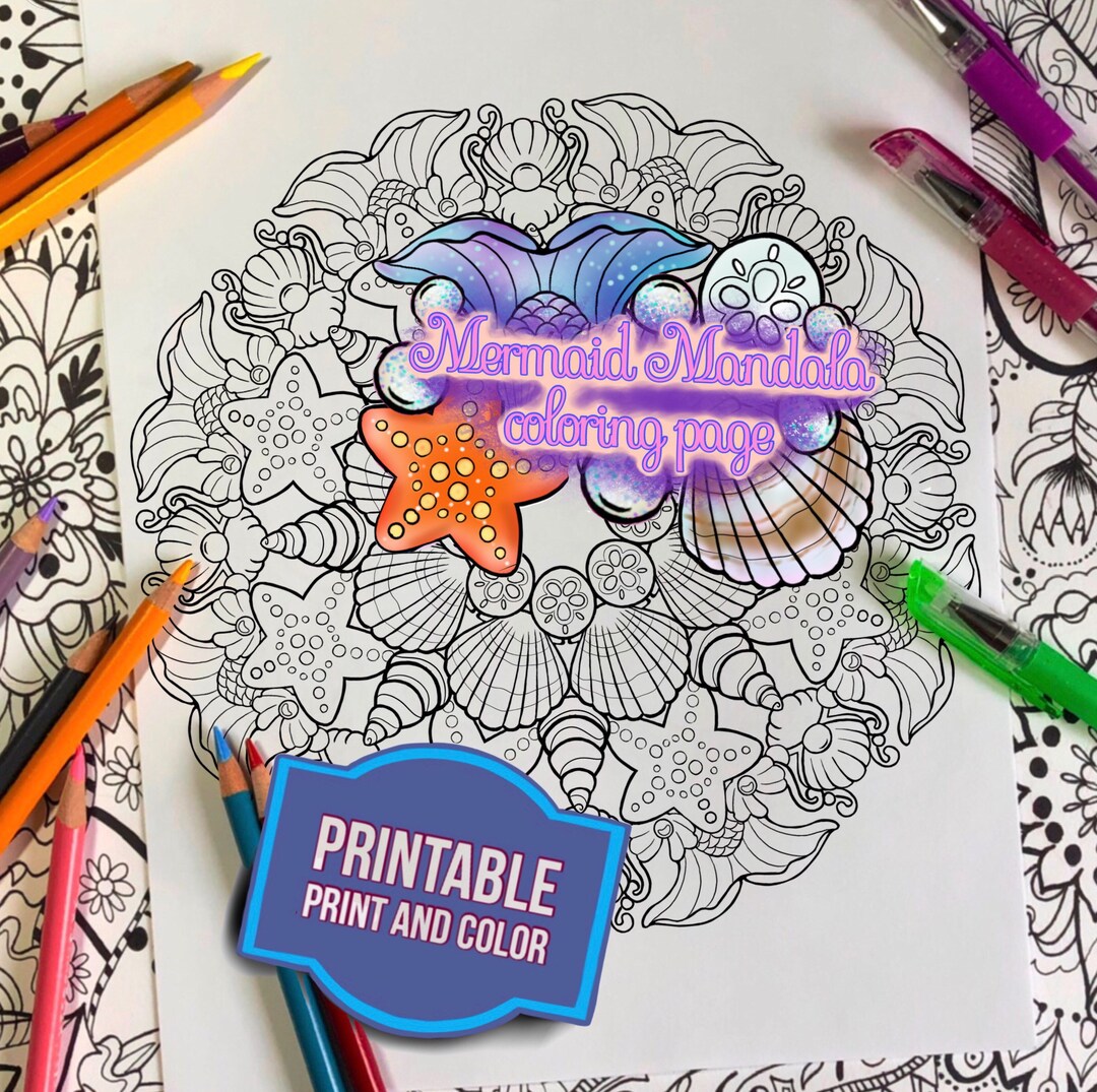 Mermaid Mandala Coloring Page - Sea Shell Coloring Sheet- Mandala ...