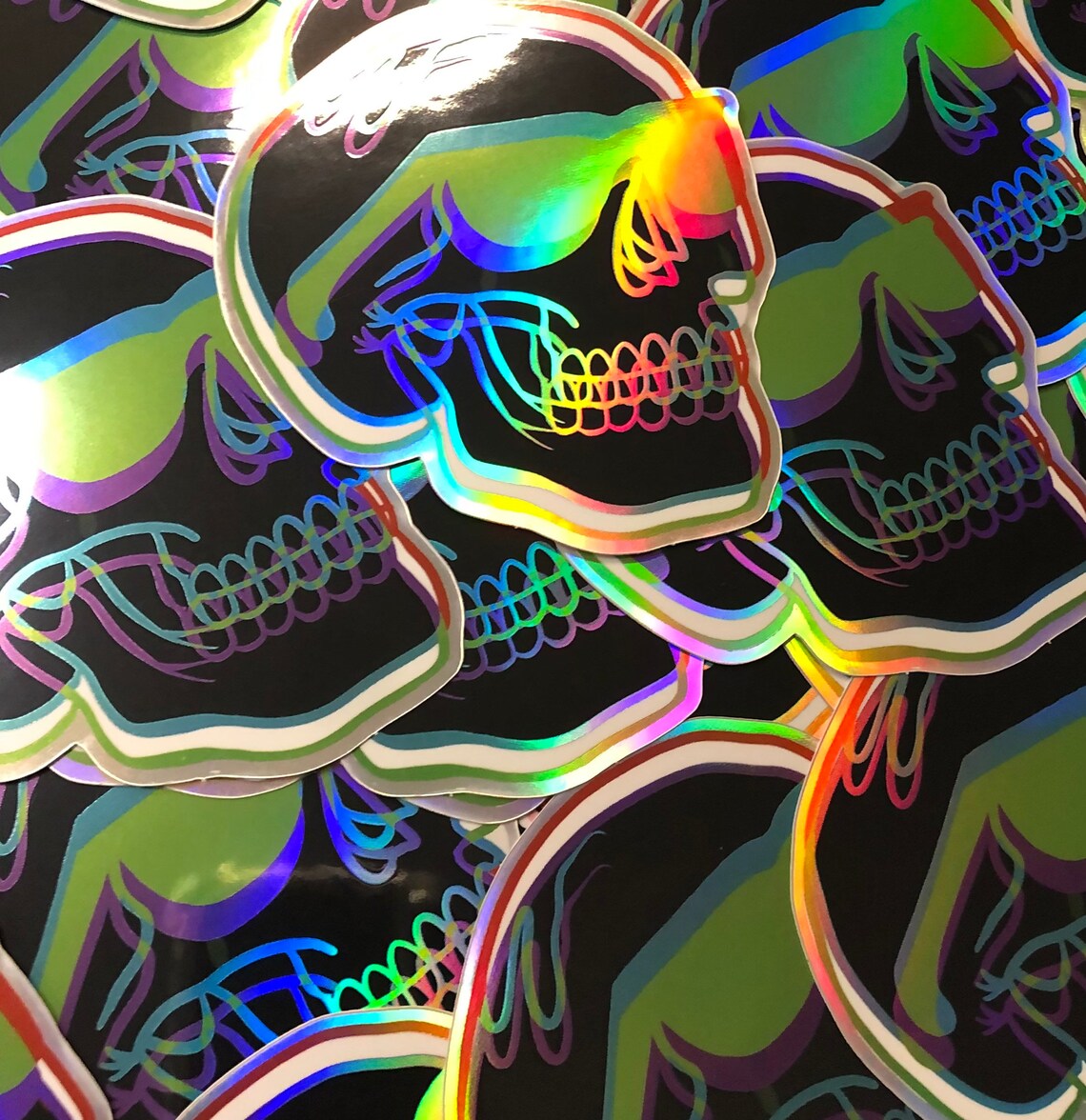 Holographic Skull Sticker - Death Comes Tripping - 3D Skull Sticker ...