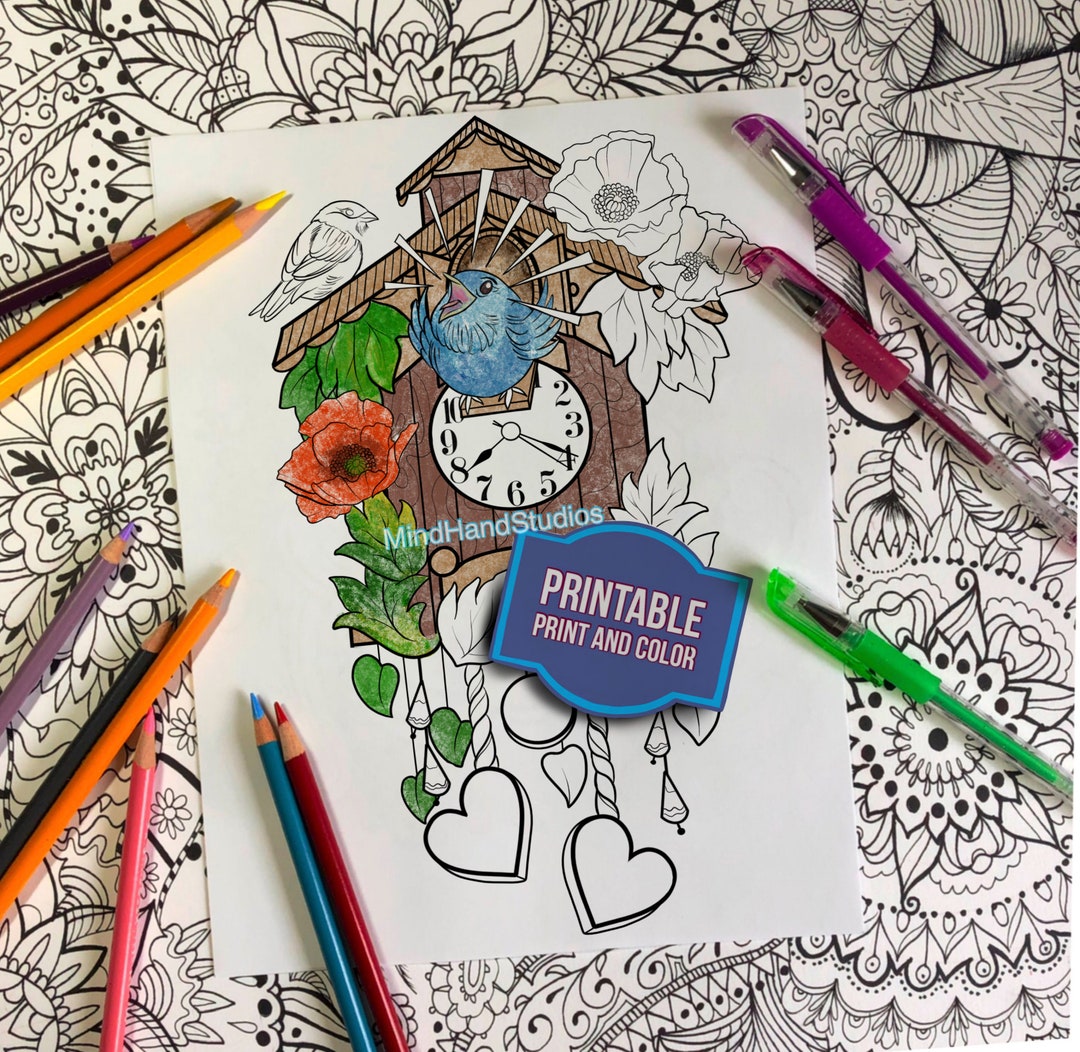 Coloring Page Cuckoo Clock and Birds Printable Coloring - Etsy España