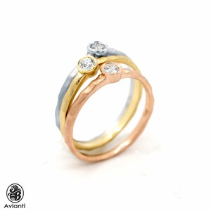 Diamond Tricolor Ring, Bezel Set Stackable Rings, Organic Style ...