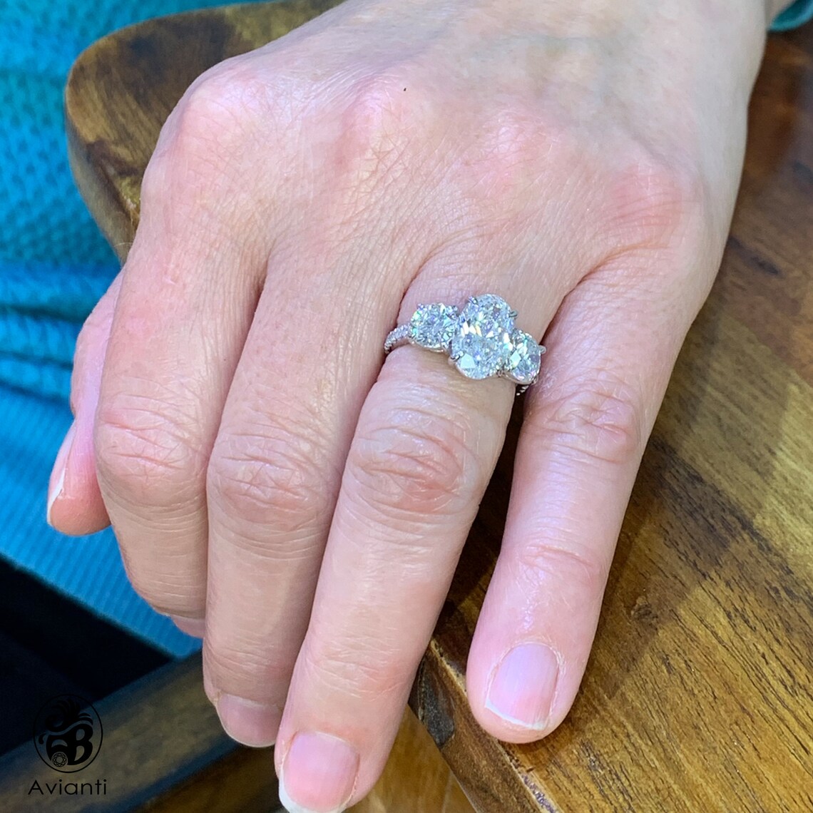 Engagement Ring Oval Diamond With Two Round Diamonds Ring - Etsy