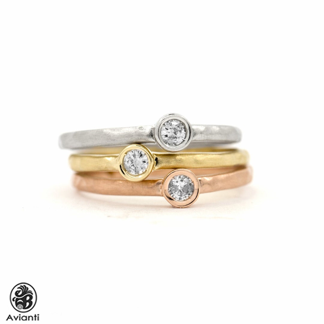 Diamond Tricolor Ring, Bezel Set Stackable Rings, Organic Style ...