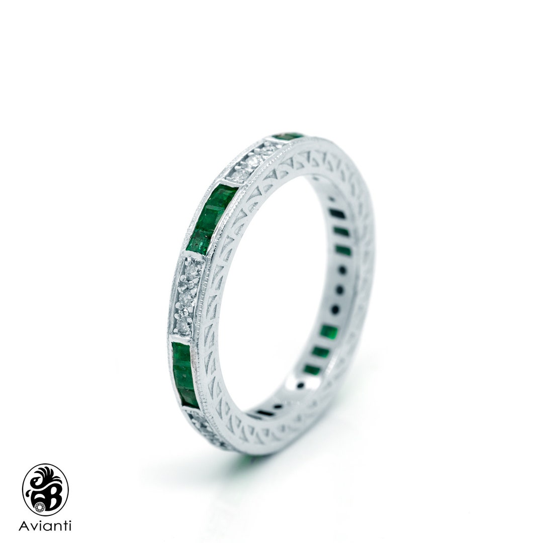 Emerald Band, Stackable Ring, May Birthstone Ring, Art Deco Design ...