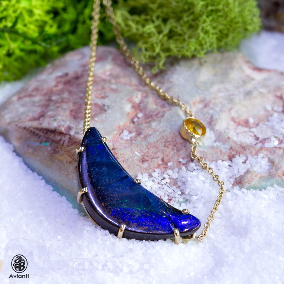 Opal Necklace, Moon Shaped Opal, Boulder Opal Pendant, Yellow Sapphire ...
