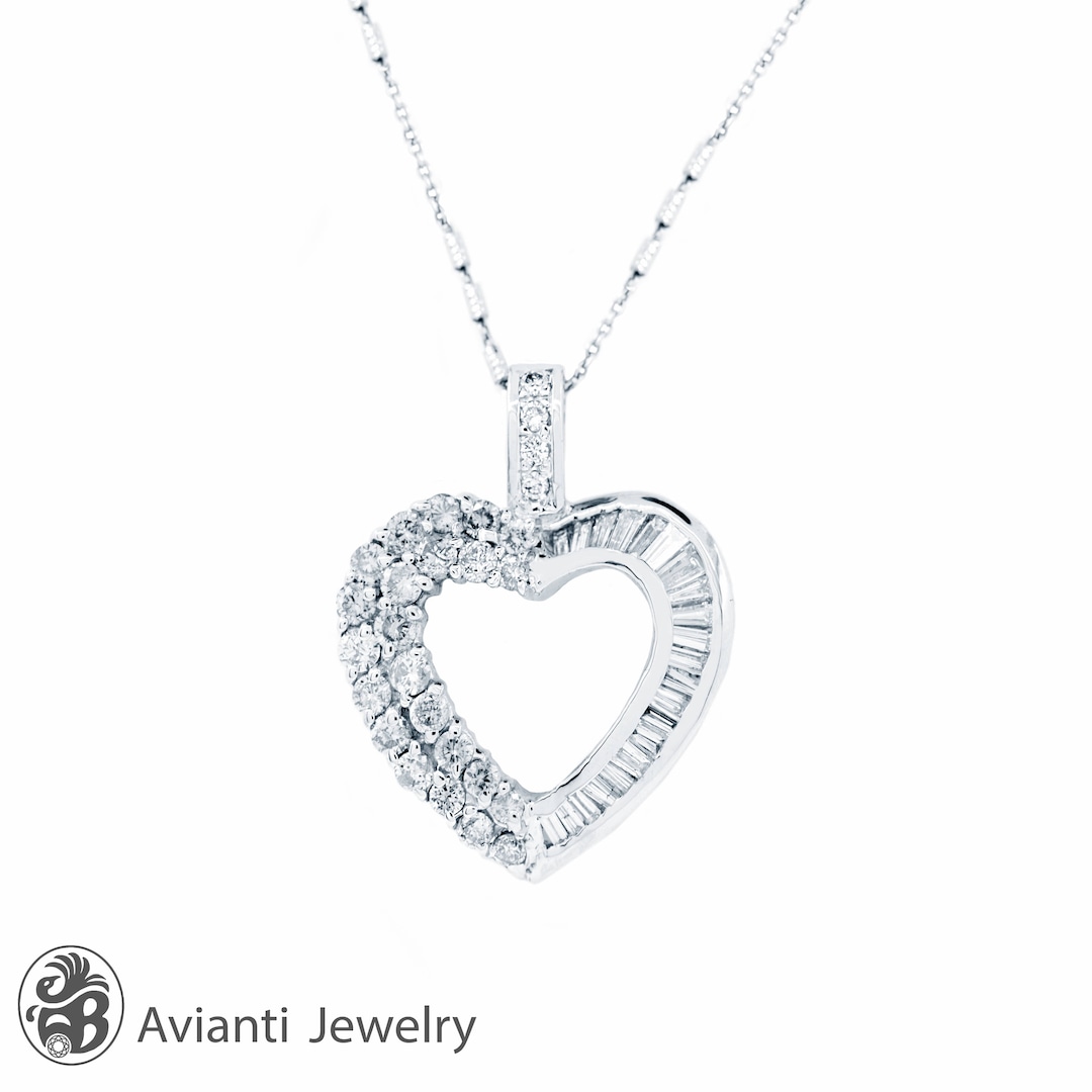 Heart Pendant, White Gold Diamond Heart Pendant, Baguette and Round ...