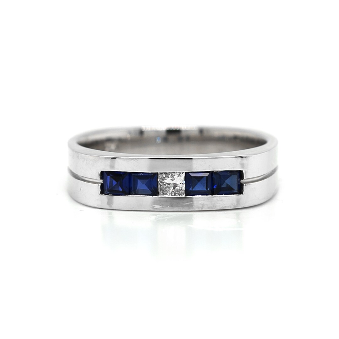Square Sapphire Men's Wedding Band: Princess Cut Diamond, 14k White ...