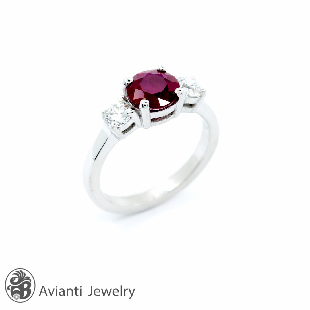 Pigeon Red Ruby Ring: Diamond Accent, 14K White Gold Engagement Ring - Etsy