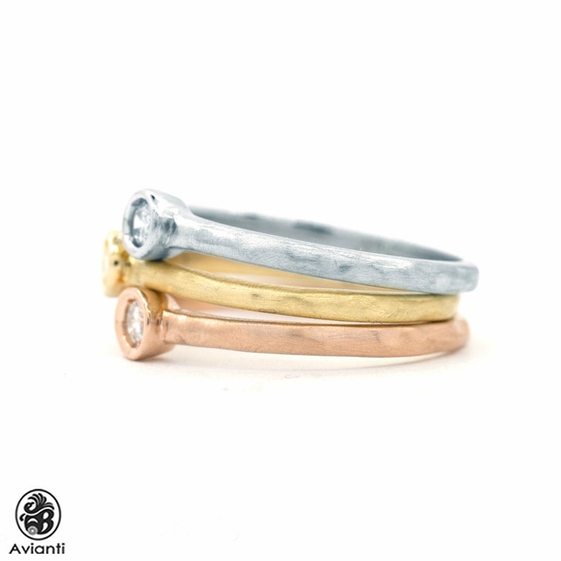 Diamond Tricolor Ring Bezel Set Stackable Rings Organic - Etsy