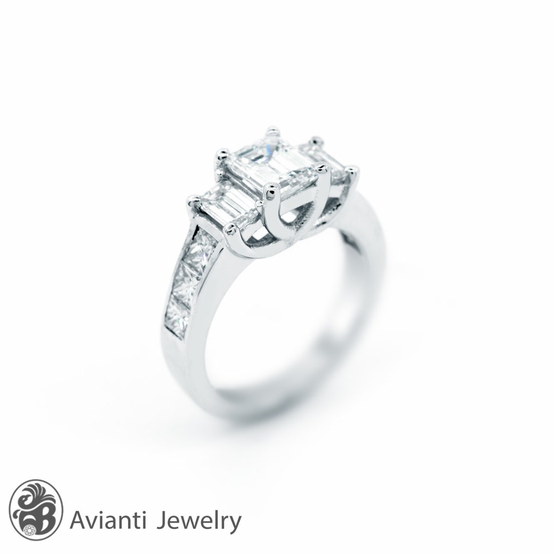 Diamond Engagement Ring, Emerald Cut Trio Ring, Rectangular Diamond ...