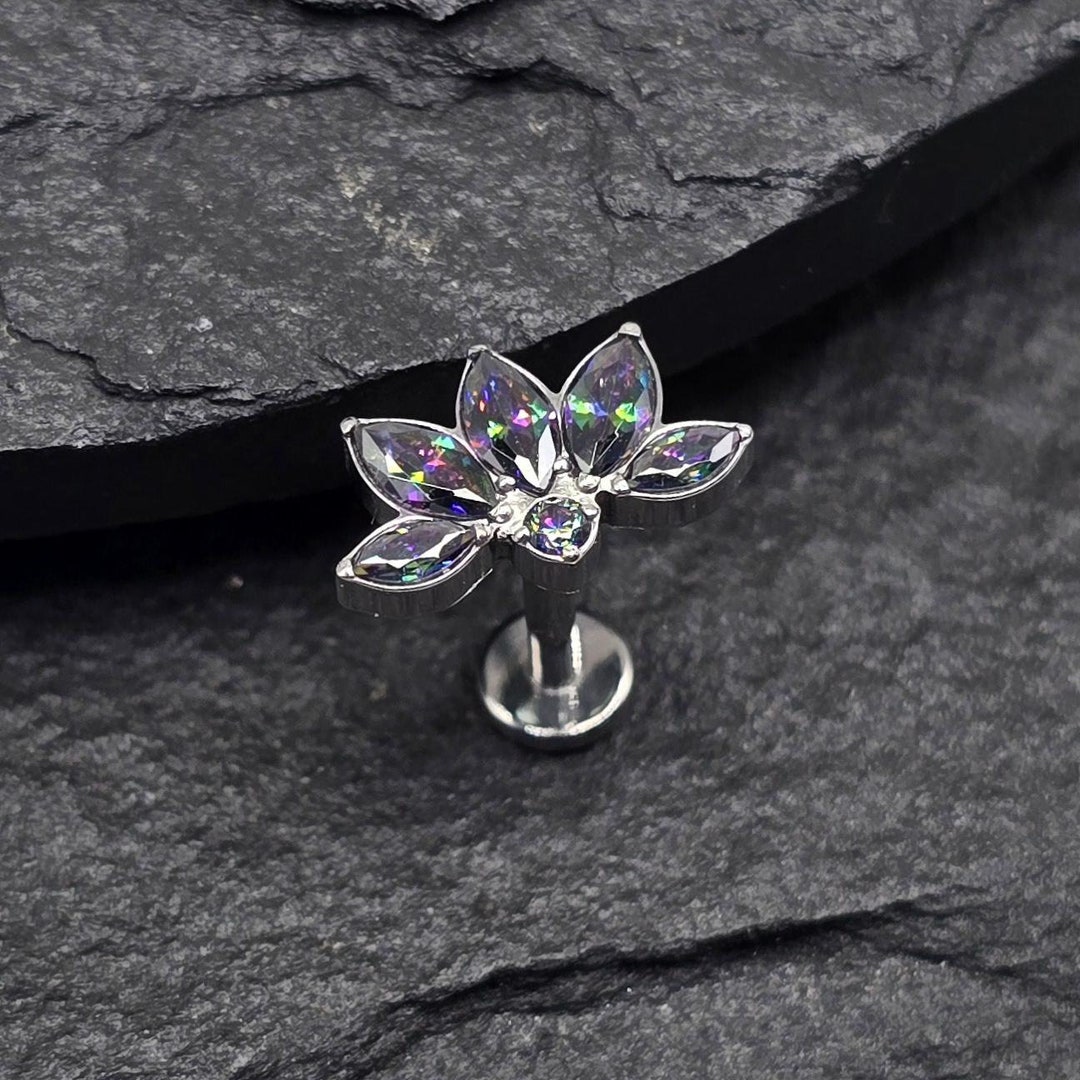 Titanium ASTM F136 Lotus Flower Dark AB Vitrail Threadless Top Labret ...
