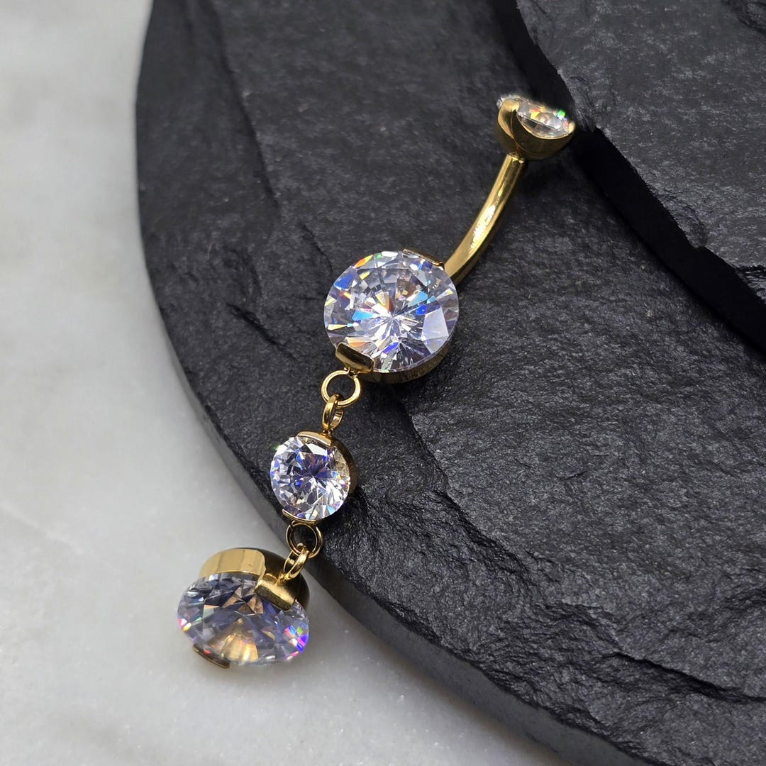 14g Titanium ASTM F136 Large Dangling White Gems Gold PVD Implant Grade ...