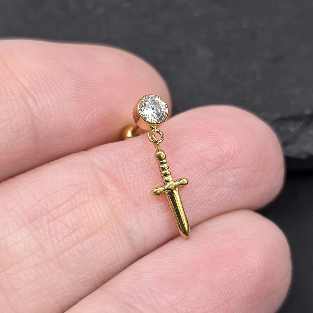 16g 6mm Titanium ASTM F136 Threadless Gold PVD Sword With 3mm Ball Back ...