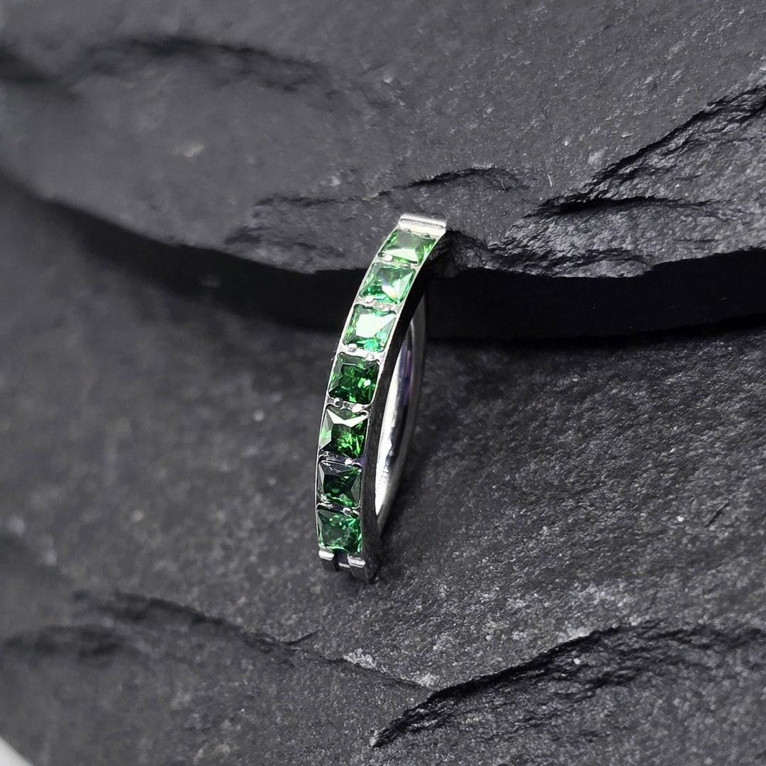 16g Titanium 6AL4V Eli ASTM F136 Curved Rook Clicker Barbell Piercing Green Emerald Square CZ ...