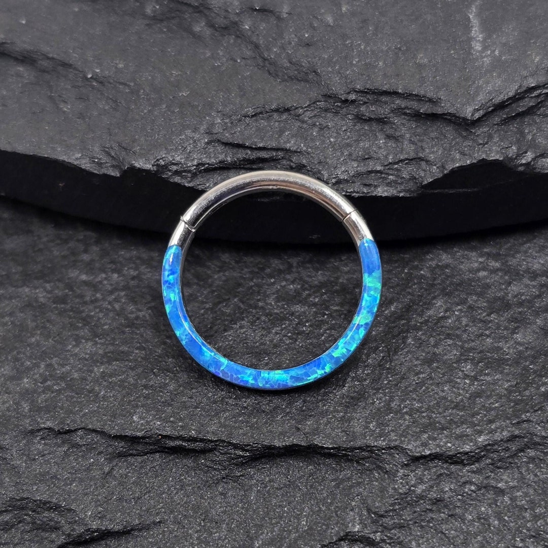 16g Titanium Implant Grade Paved Blue Opal Stone Hinged Segment Septum ...