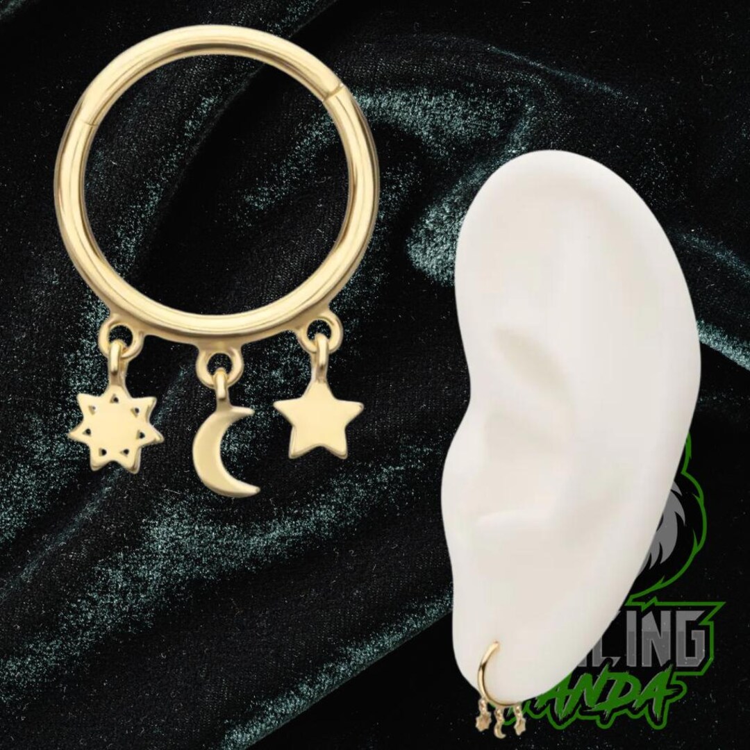 16g 14k Solid Yellow Gold Moon Star Sun Hinged Segment Clicker Septum ...