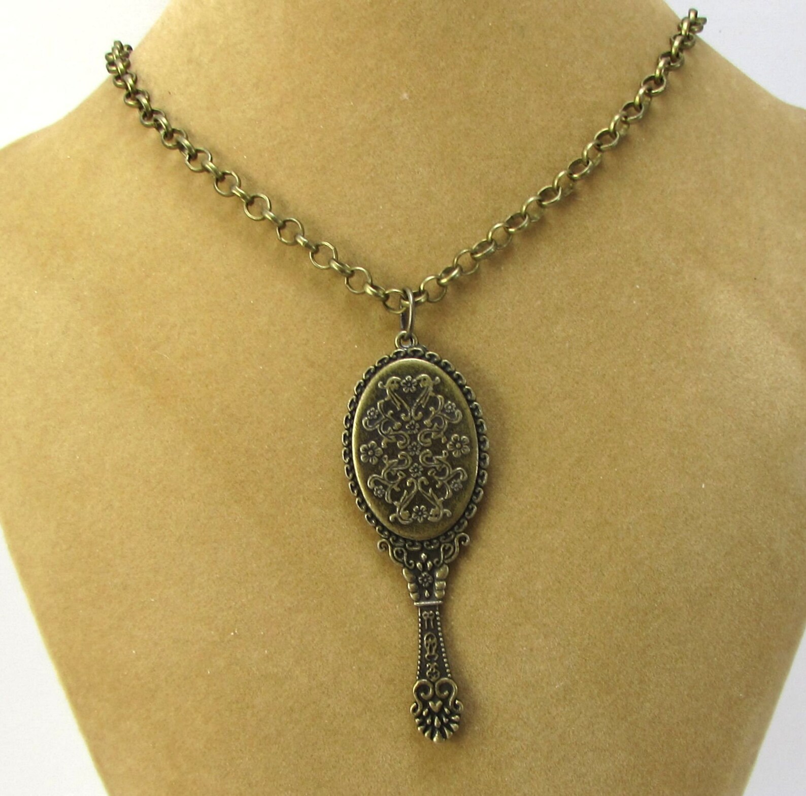 Hand Mirror Necklace 70x26mm Antiqued Brass Miniature Hand - Etsy