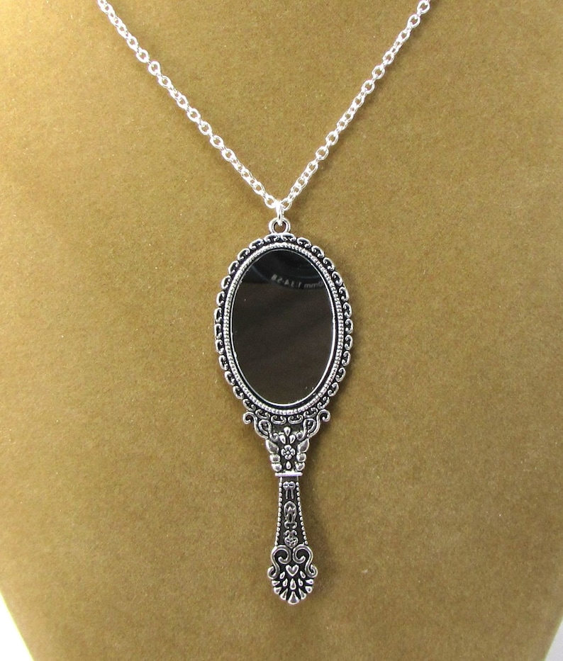 Mirror Necklace, 70x26mm Antique Silver Hand Mirror Pendant, 2.2mm ...