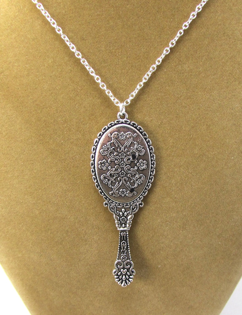 Mirror Necklace, 70x26mm Antique Silver Hand Mirror Pendant, 2.2mm ...