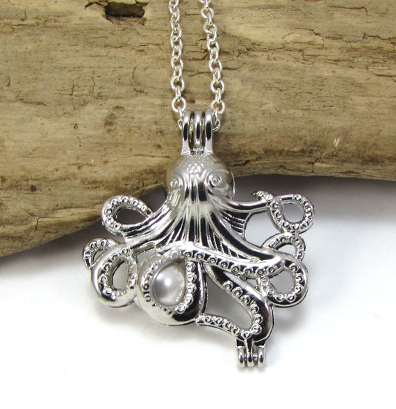Octopus Cage Necklace 36x33mm Octopus Cage With White 8mm Swarovski Pearl Custom Length 2.2mm Silver Cable Chain Necklace Item 1909n Etsy