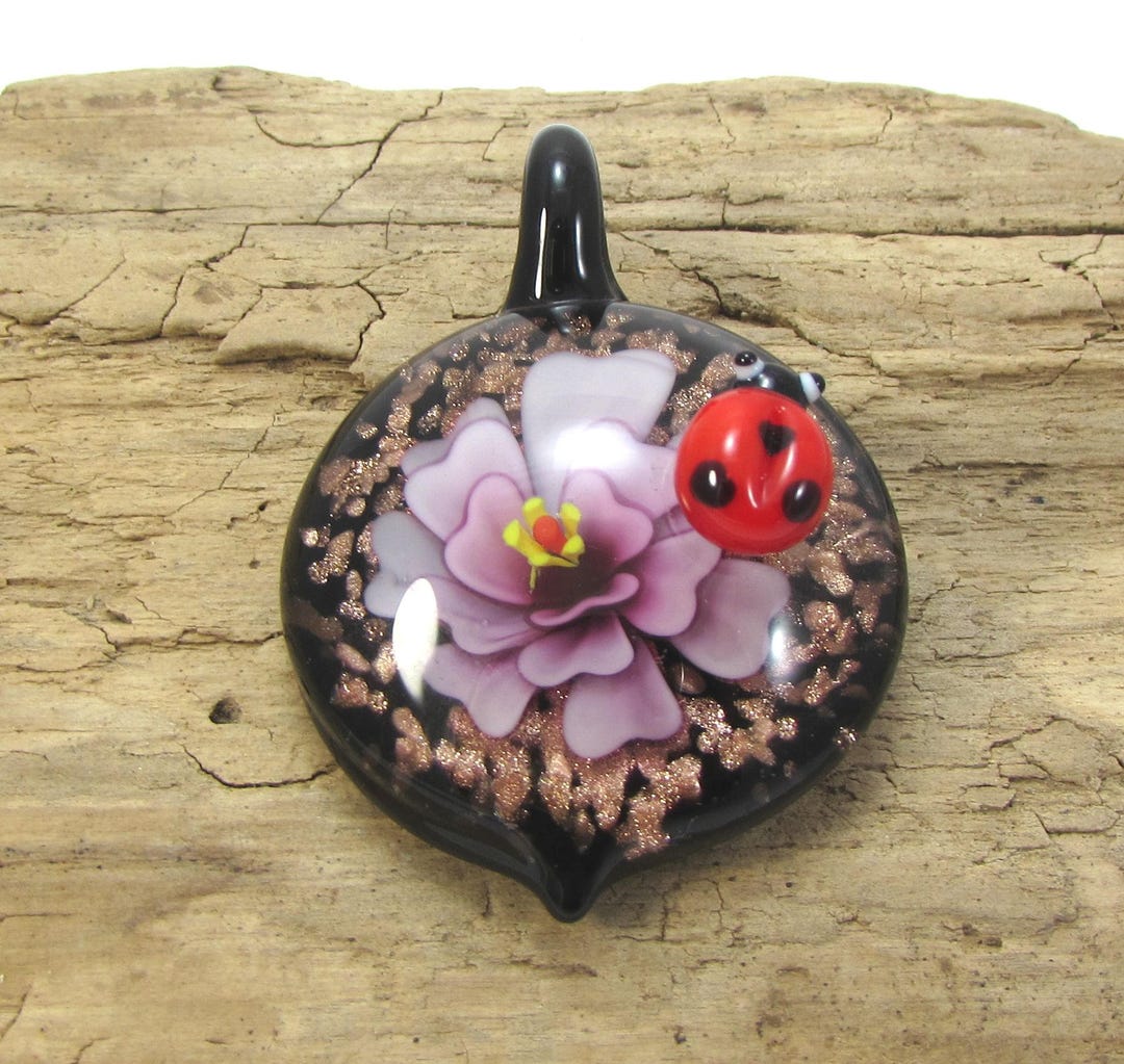 Ladybug Lampworked Glass Pendant, 48x34mm Domed Round With Flower and ...