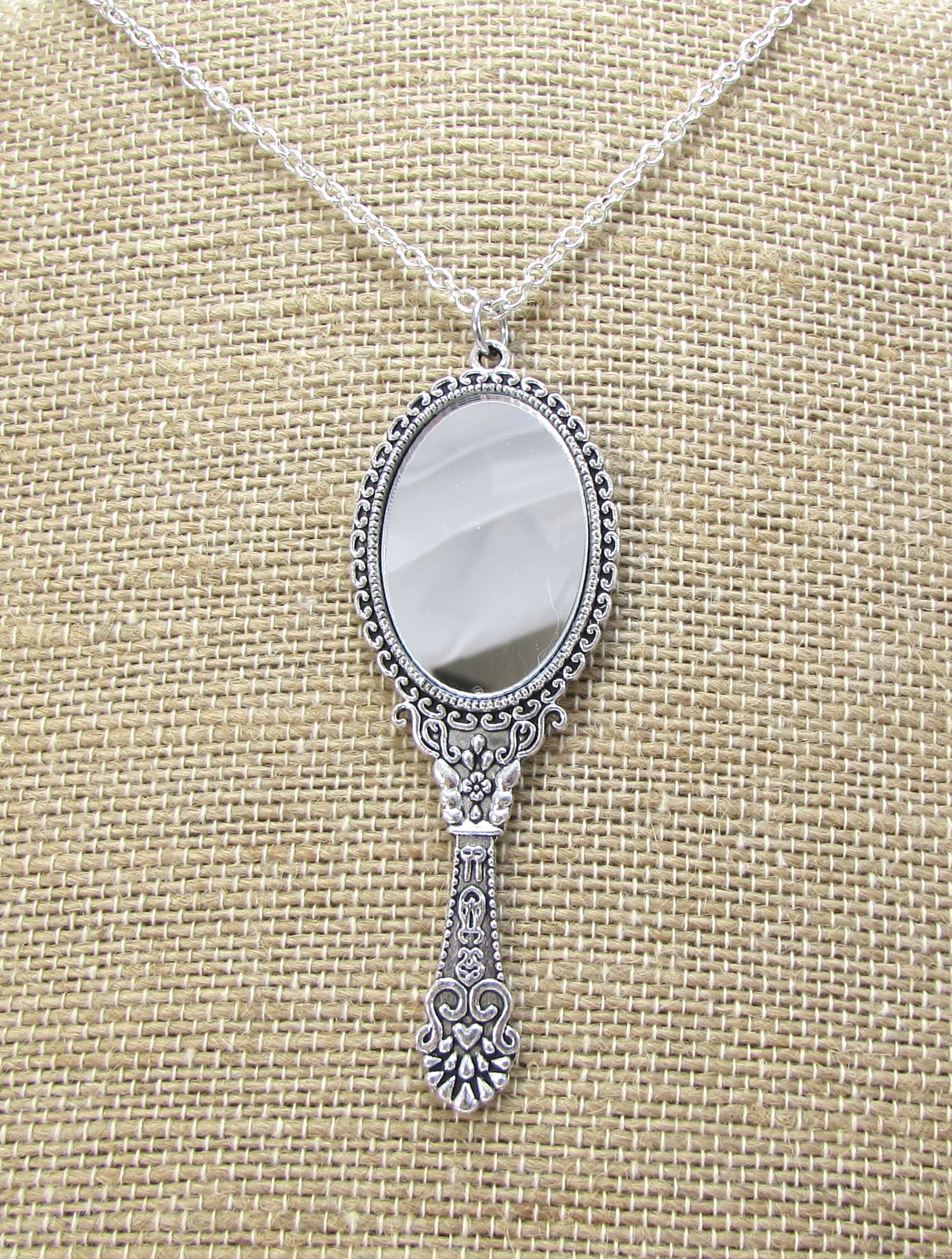 Mirror Necklace, 70x26mm Antique Silver Hand Mirror Pendant, 2.2mm ...
