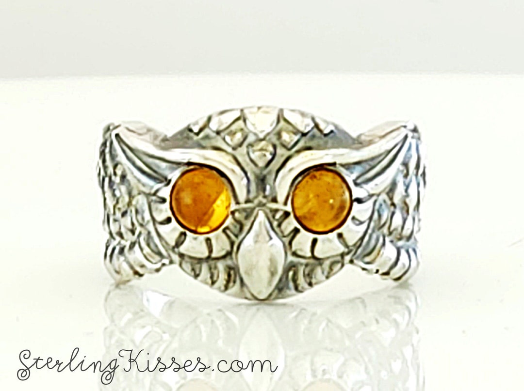 Sterling Silver Owl Ring With Citrine Gemstone Eyes Adjustable Nature ...