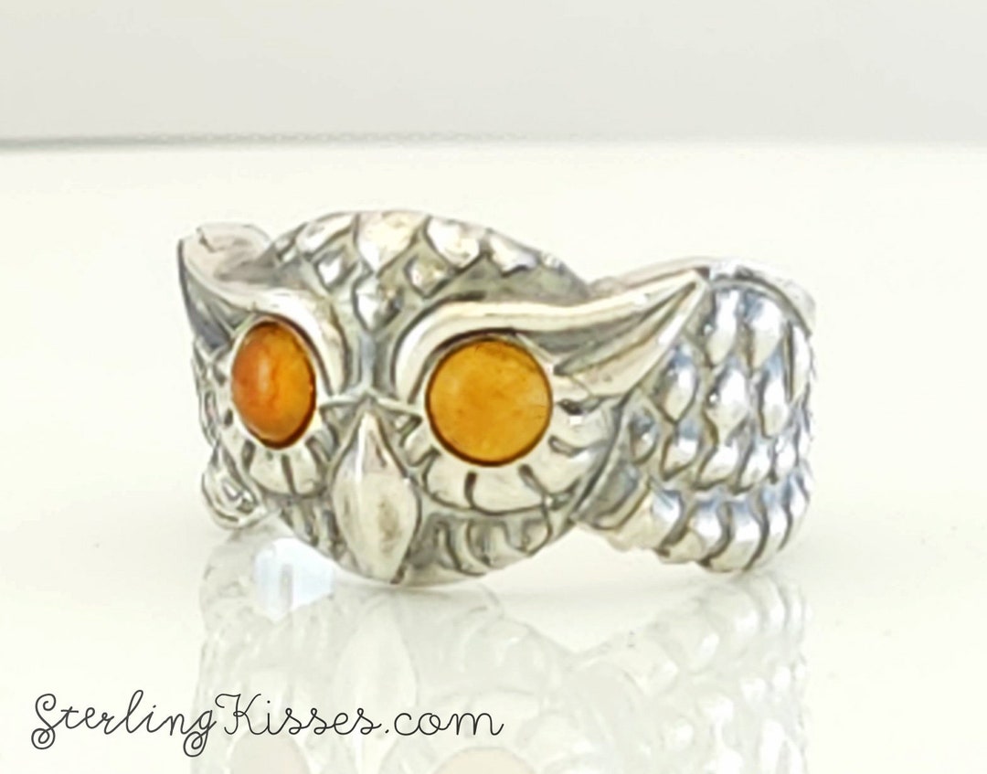 Sterling Silver Owl Ring With Citrine Gemstone Eyes - Adjustable Nature ...