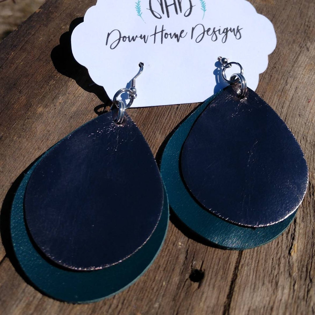 Metallic Gun Metal/ Gray and Dark Teal Genuine Leather Teardrop Shaped ...
