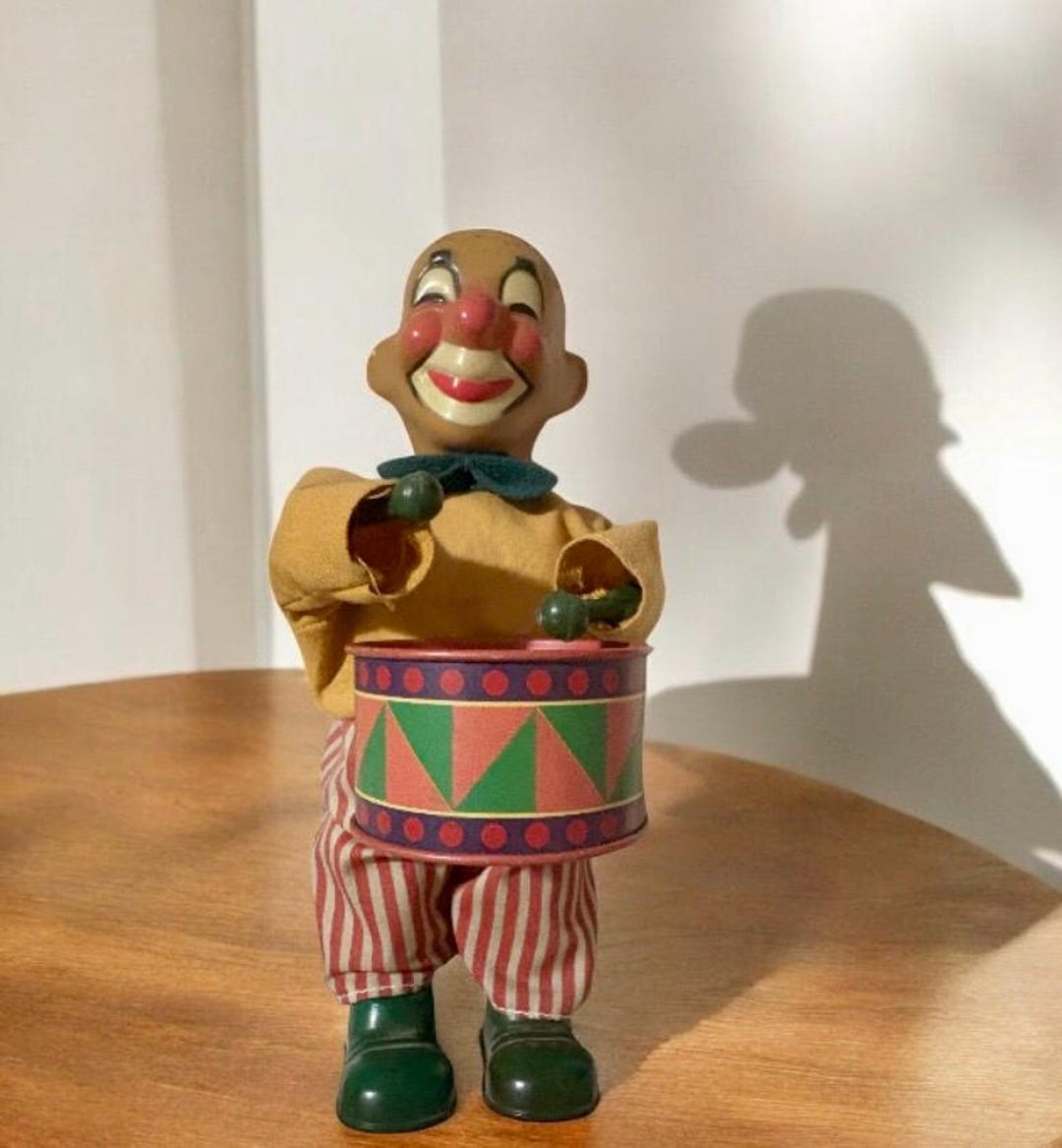 Vintage Old Rare Wind up Clown Working Textured Cloth Playing Drum ...