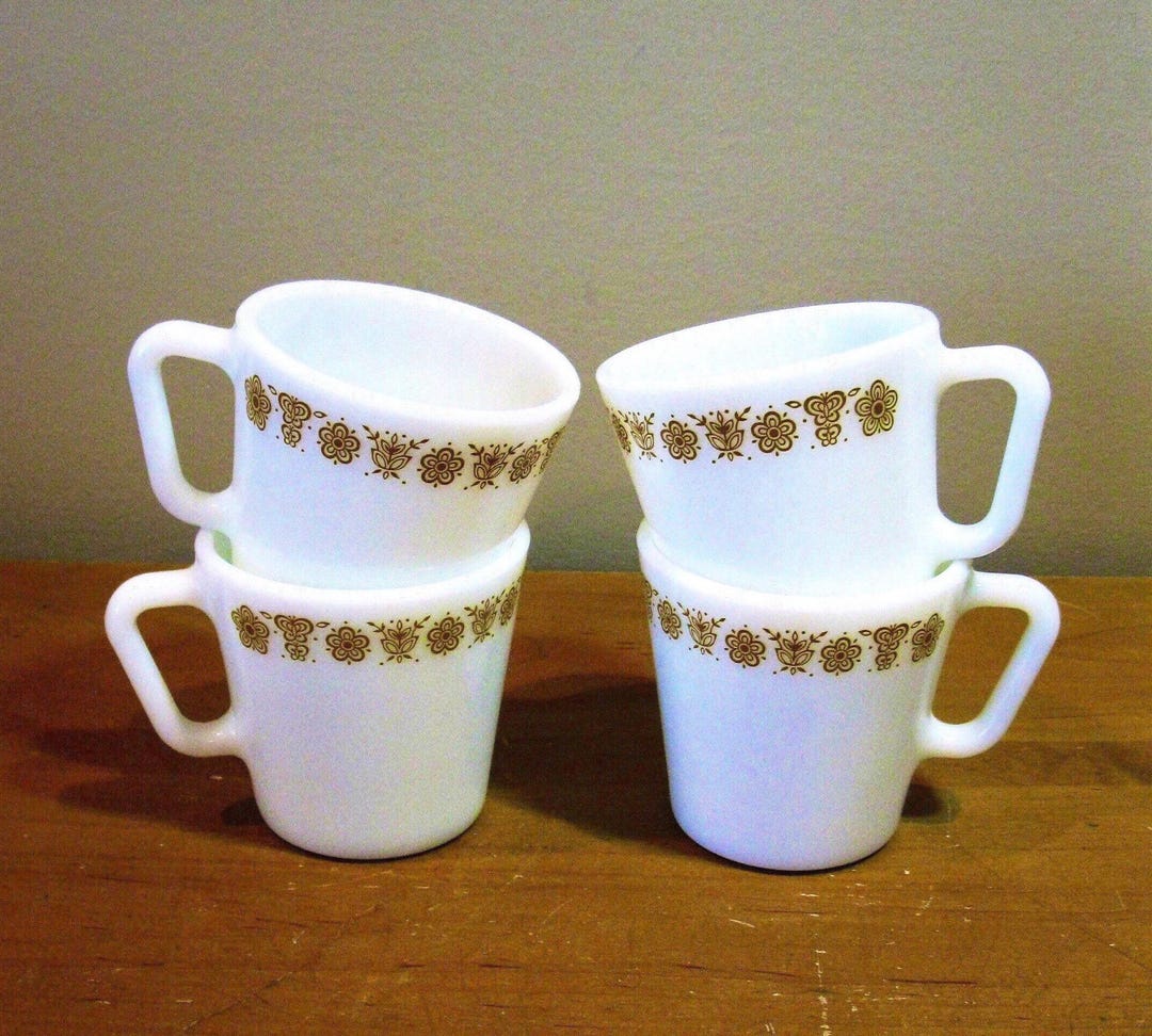 Set of 4 PYREX Coffee Mugs -BUTTERFLY GOLD- Milk Glass- Coffee Cups ...