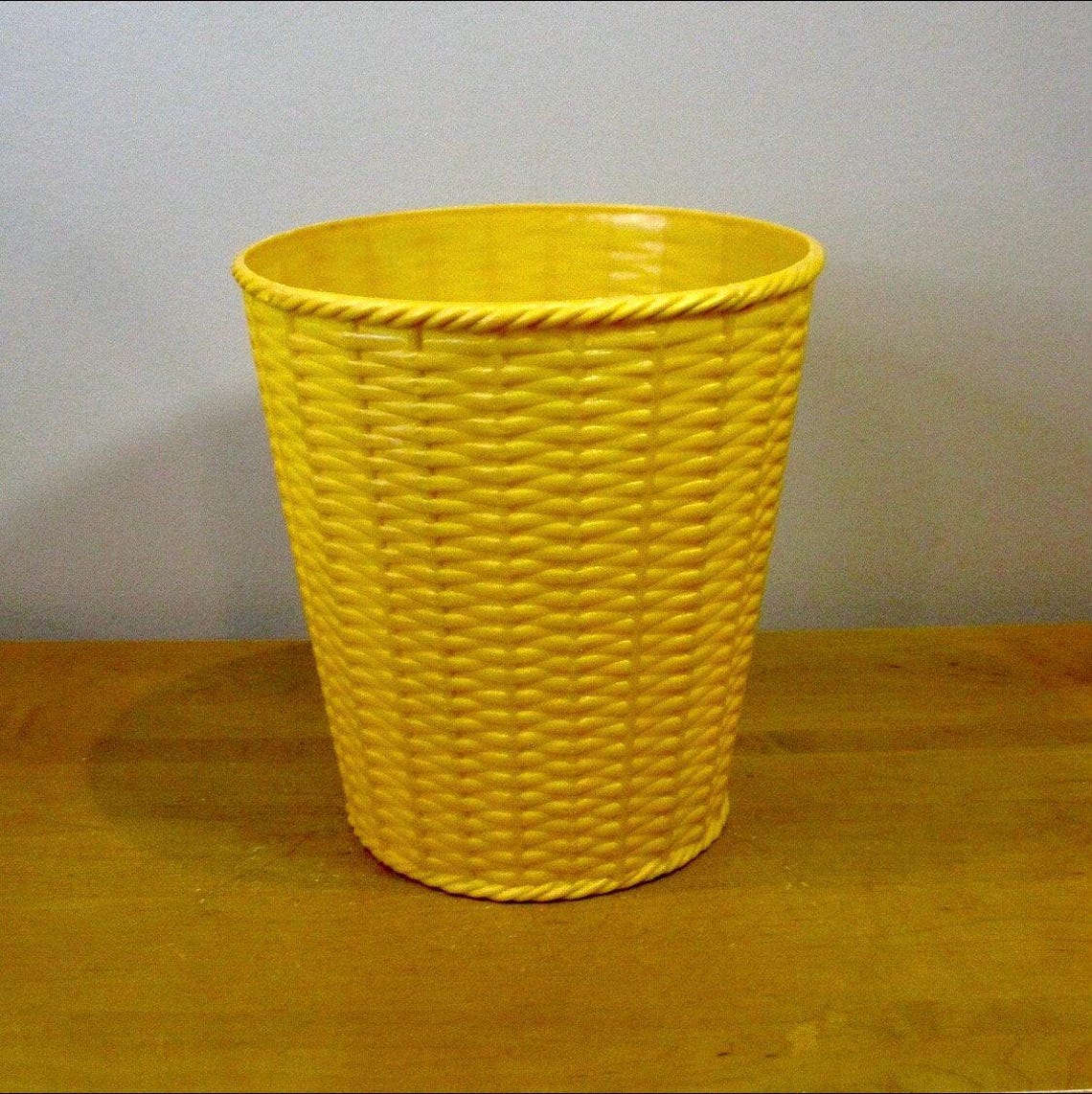1970s FAUX WICKER Yellow/ Gold Waste Basket -retro Plastic Trash Can ...